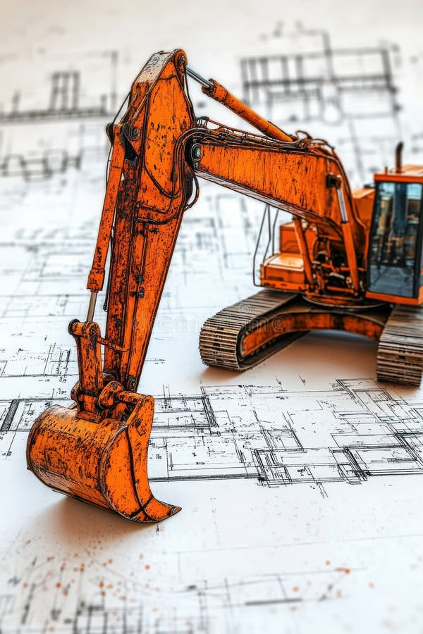 Schematic Technical Line Drawing of an Excavator with a Bucket on a ...