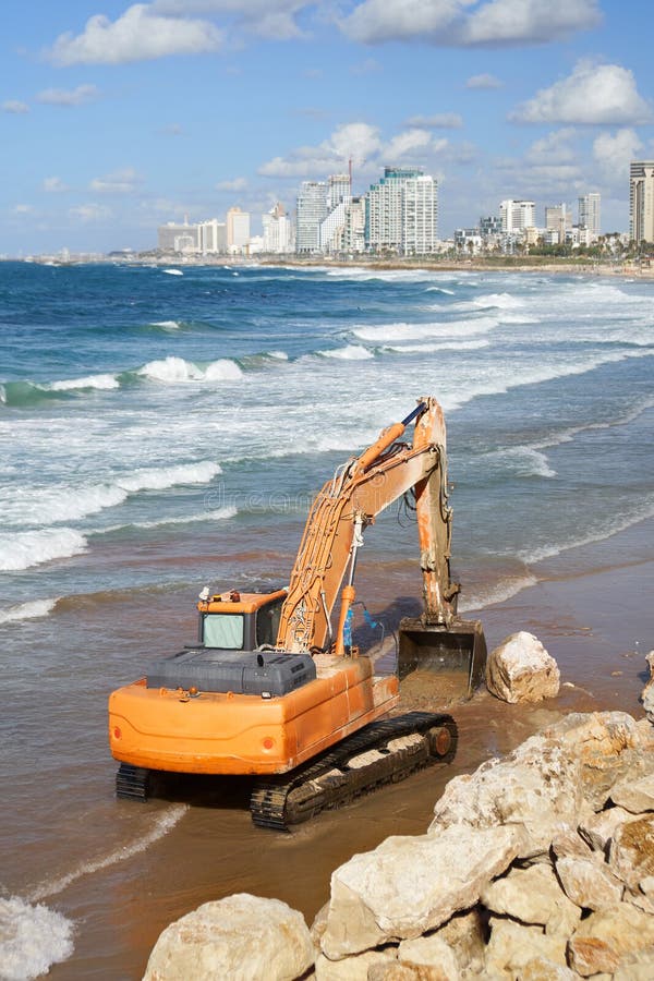 Orange Excavator Working on the Tel-Aviv Beach in Israel Stock Photo ...