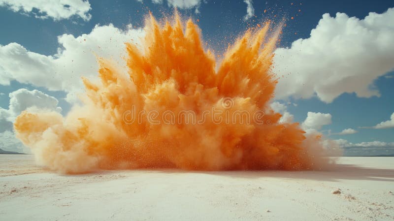 Orange Explosion with Cloud of Dust in Desert Landscape Under Blue Sky ...