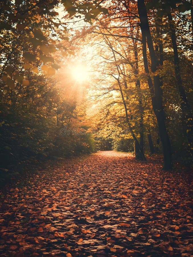 Orange Fall Woodland Forest Path with Leaves Landscape Stock ...