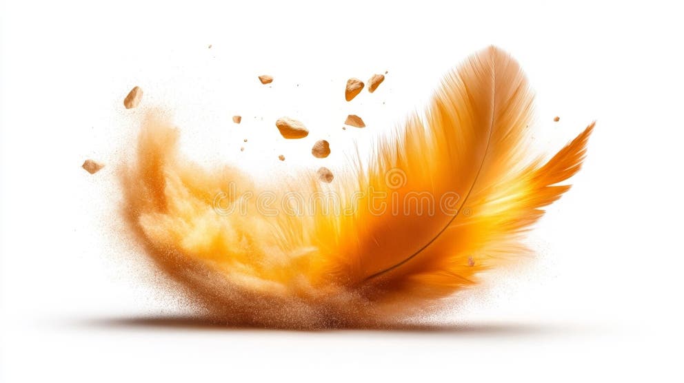 Orange Feather and Dust Explosion Isolated on White Background Stock ...
