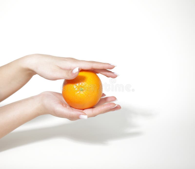 Orange in Female Hands on a White Background Stock Image - Image of ...