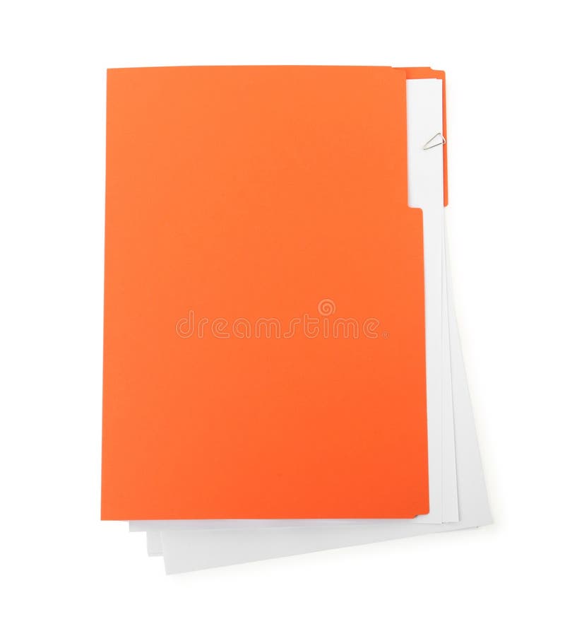 Orange File with Documents Isolated on White, Top View Stock Photo ...