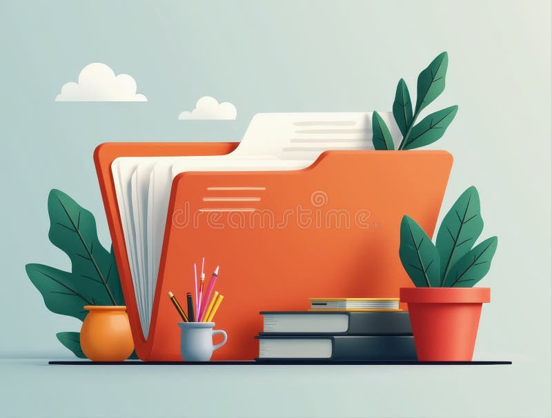 Orange File Folder with Documents, Books, and Plants Symbolizing ...