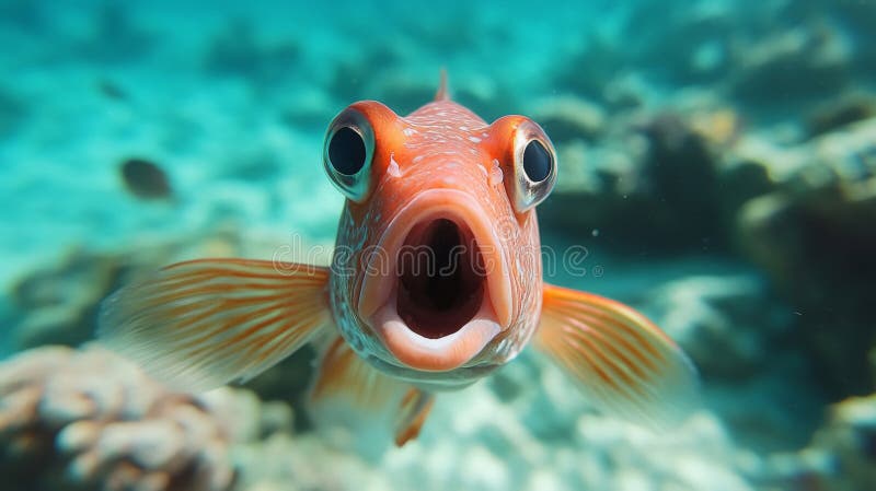 Orange Fish with Large Eyes Opens Mouth Underwater Stock Illustration ...