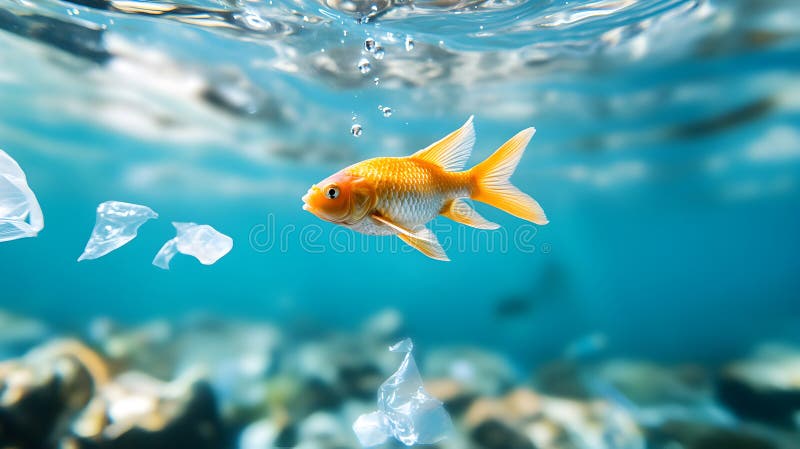 Orange Fish Navigating through Plastic Waste in a Contaminated Ocean ...