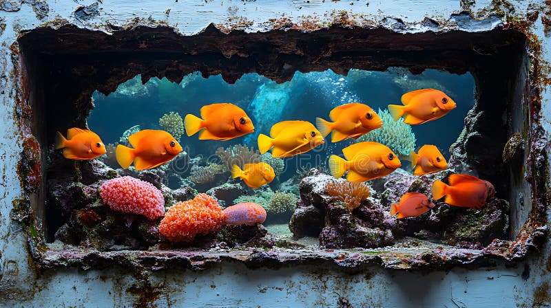Orange Fish Reef Aquarium Tank Shipwreck Background Stock Illustration ...