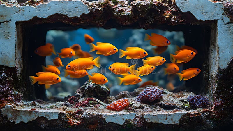 Orange Fish School Aquarium Reef Background Window Stock Illustration ...