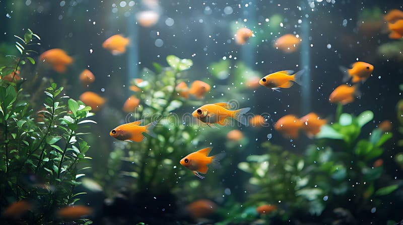 Orange Fish Swim in Planted Aquarium, Bubbles Background, Home Decor ...