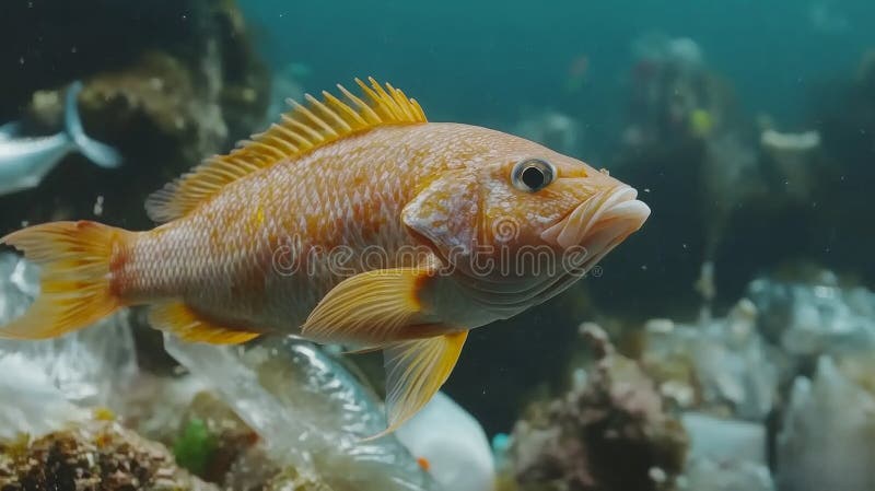 Orange Fish Swimming through Plastic Pollution in the Ocean Stock ...