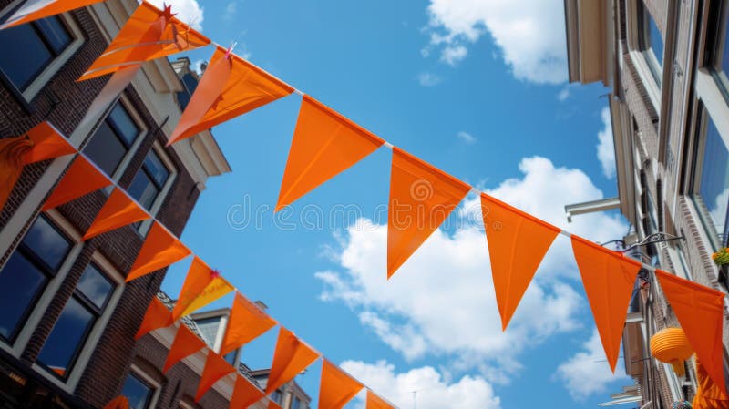 Orange Flags Hanging from Building, Great for Advertising Stock Image ...