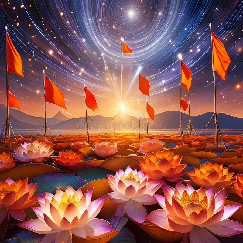 Orange Flags and Red Lotus Universe Stock Illustration - Illustration ...