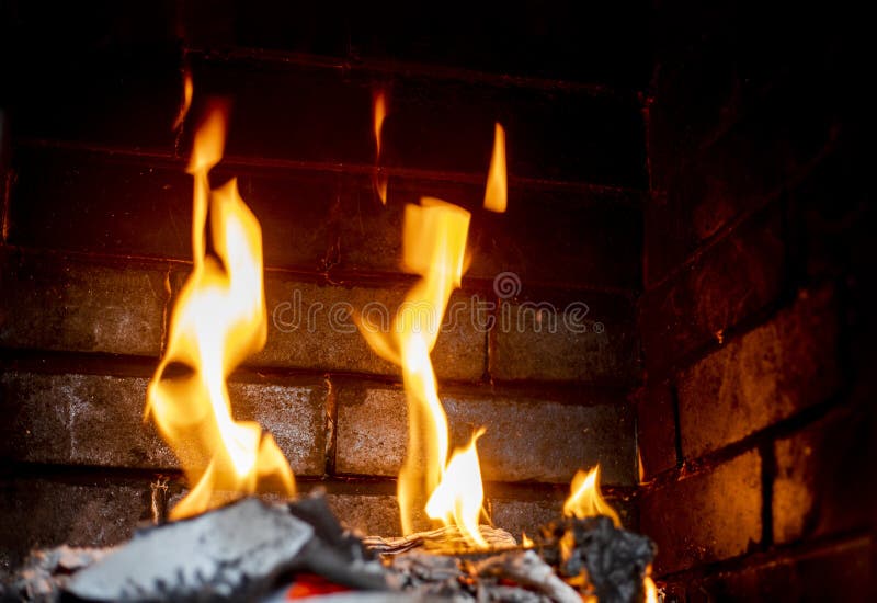 Orange Flames of Fire in the Fireplace. Horizontal Stock Image - Image ...