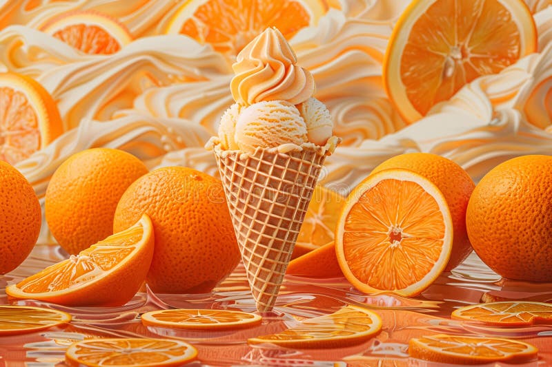 Orange-flavored Ice Cream Served in a Waffle Cone Stock Illustration ...