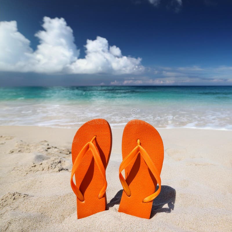 Orange flip flops on beach stock image. Image of nature - 340973539