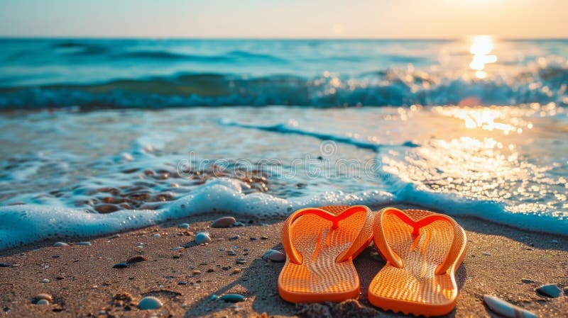 Orange Flip Flops on a Sandy Beach at Sunset Stock Photo - Image of ...