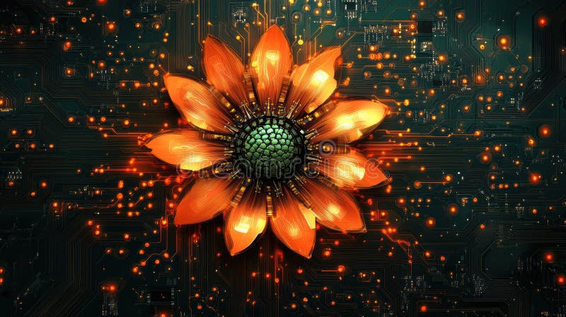 Orange Flower Blooming on a Circuit Board Pattern Stock Illustration ...