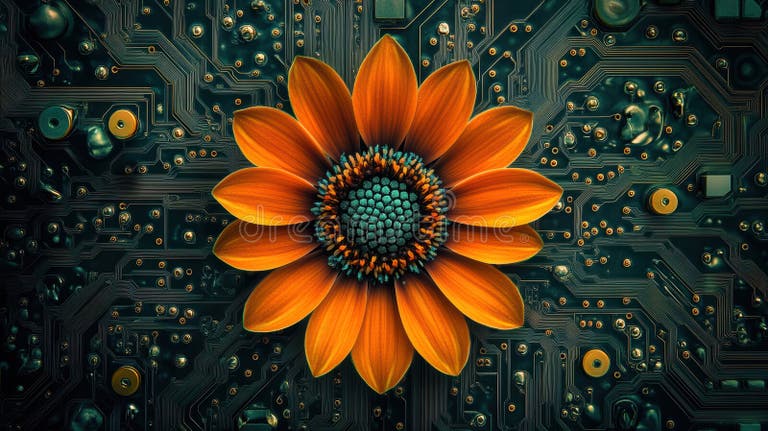 Orange Flower Blooming on a Circuit Board Pattern Stock Illustration ...