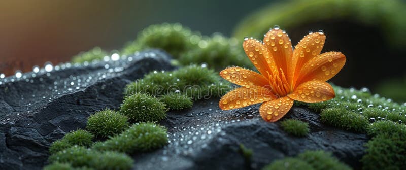 Orange Flower with Dew Drops on Dark Rock and Moss. Stock Image - Image ...