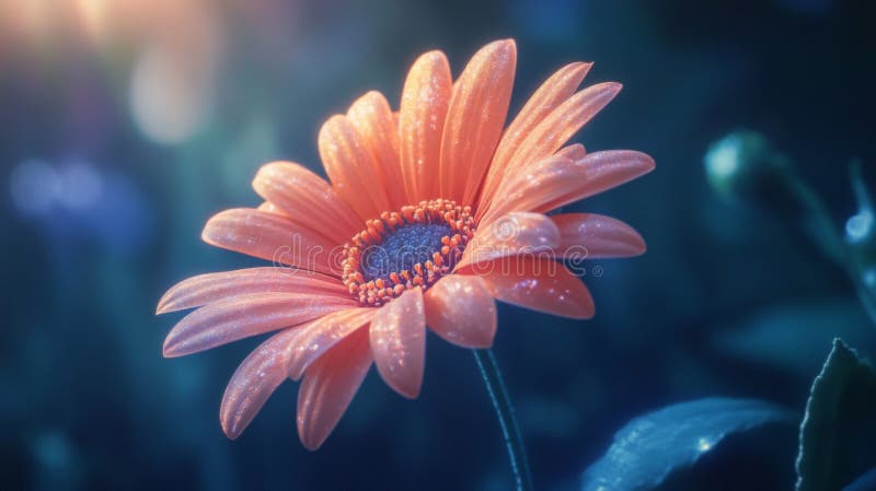 Orange Flower with Dew Drops in Dark Teal Background Stock Illustration ...