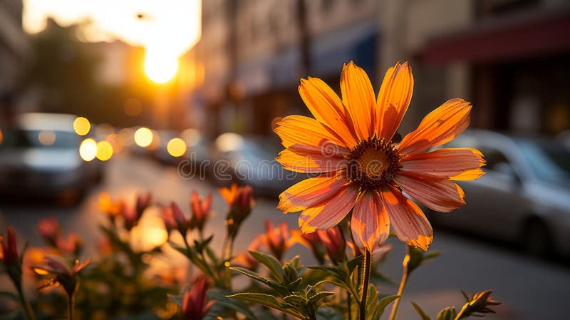 Orange Flower in Front of a City Street at Sunset Stock Illustration ...
