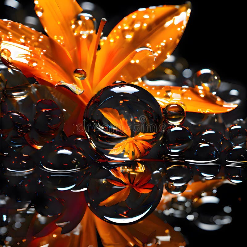 Orange Flower in Liquid Droplets and in Reflections Stock Photo - Image ...
