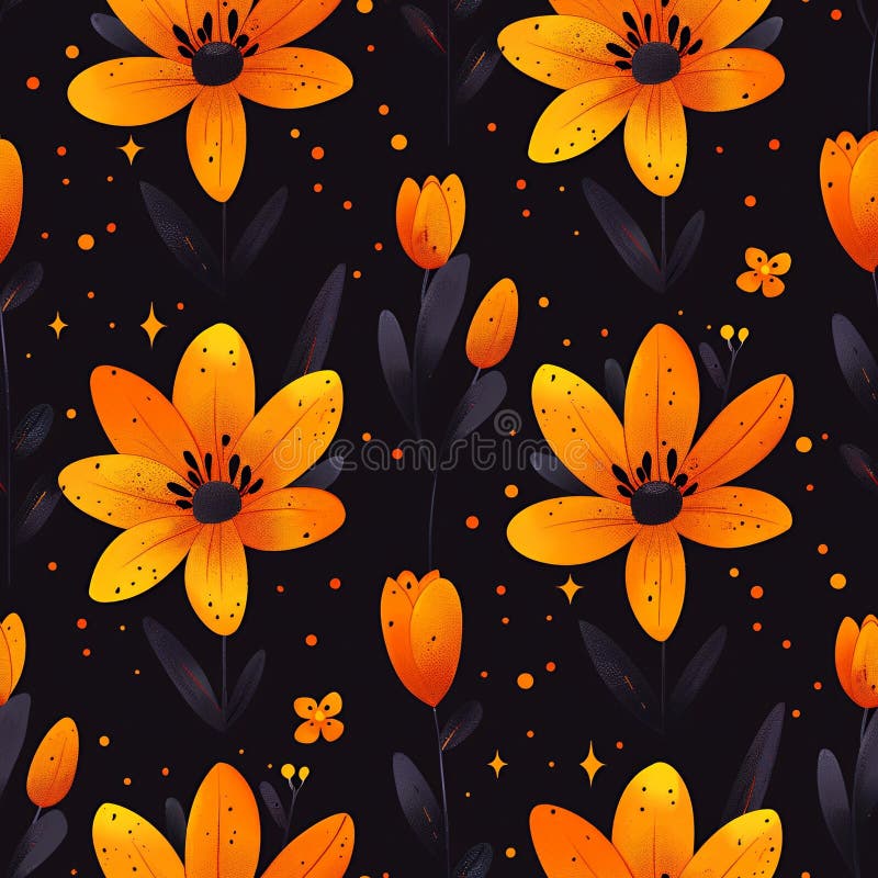 Orange Flower Pattern on Black Background Stock Illustration - Illustration of black, flower ...