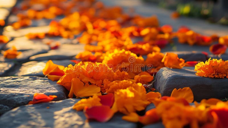 Orange Flower Petals Scattered on Stone Path Stock Illustration ...