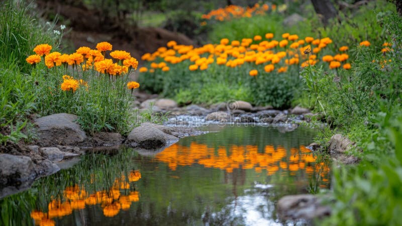 Orange Flowers Reflected in a Still Stream Stock Illustration ...