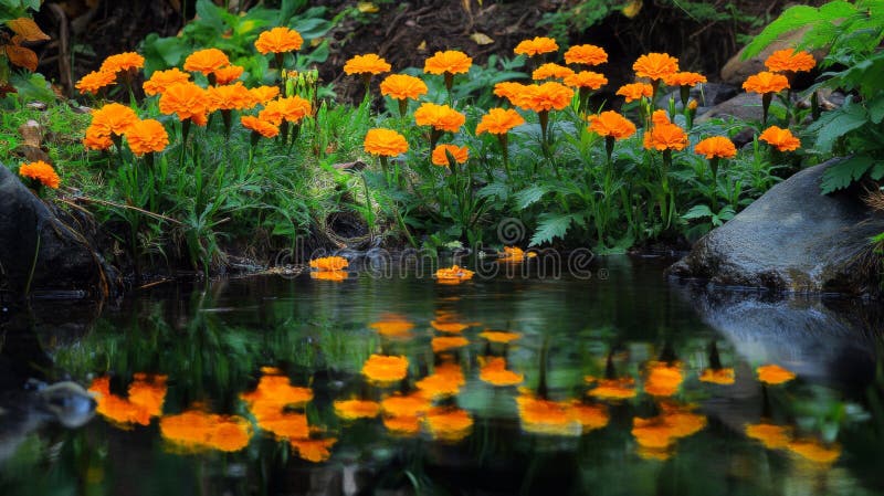 Orange Flowers Reflecting in a Calm Stream Stock Illustration ...