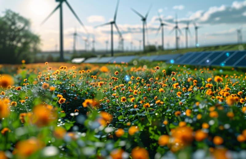 Orange Flowers and Wind Turbines in the Background Stock Image - Image ...