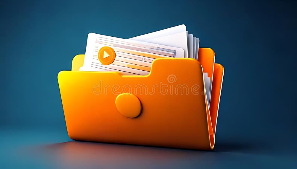 An Orange Folder with White Documents and a Play Button Icon Sits Stock ...