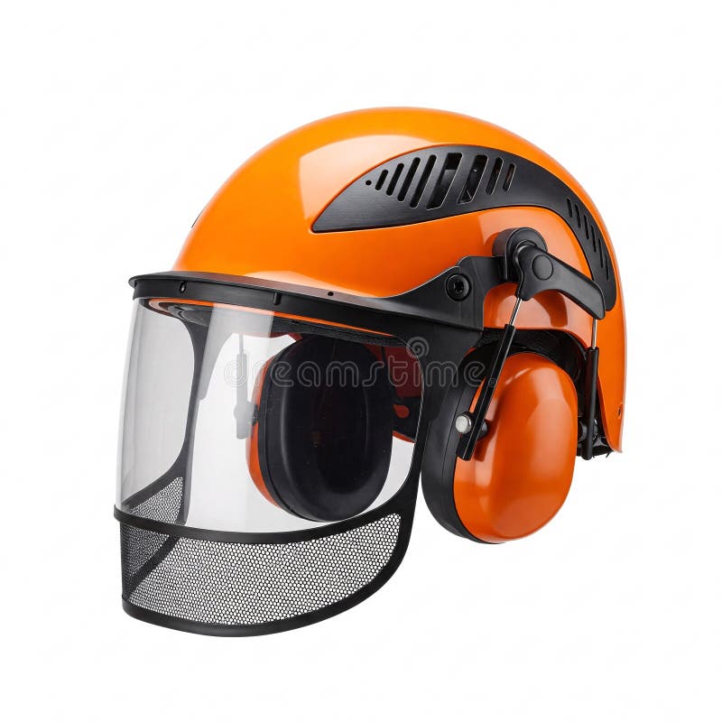 Orange Forestry Safety Helmet with Mesh Visor and Earmuffs, Isolated on ...