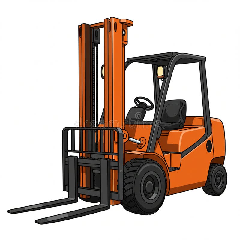 Orange Forklift with a Black Frame and Lift Mechanism. Features Include ...