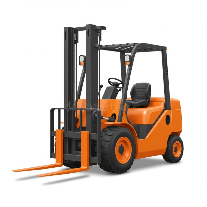 Orange Forklift with Large Black Tires and Dual Front Forks, Designed ...