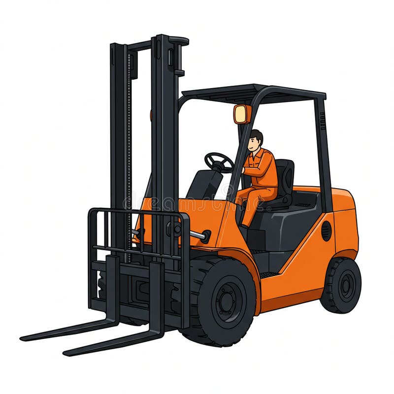 Orange Forklift with a Male Operator Seated at the Controls. the ...