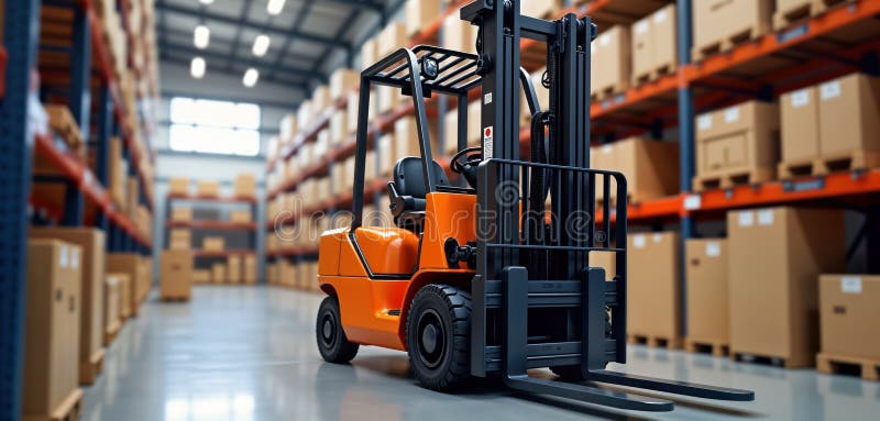 Orange Forklift Stands in a Warehouse. it is Loading Cargo Boxes on ...