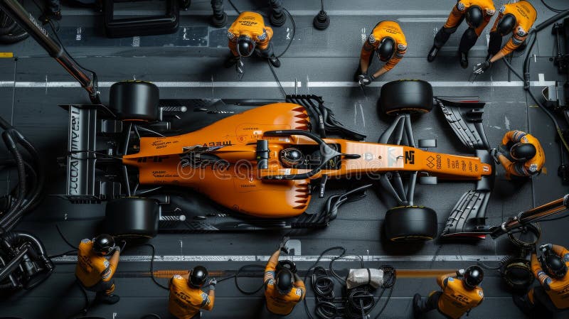 Orange Formula One Car in the Pit Stop with Team Members. Generative AI ...