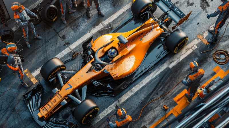 Orange Formula One Car in the Pit Stop with Team Members. Generative AI ...