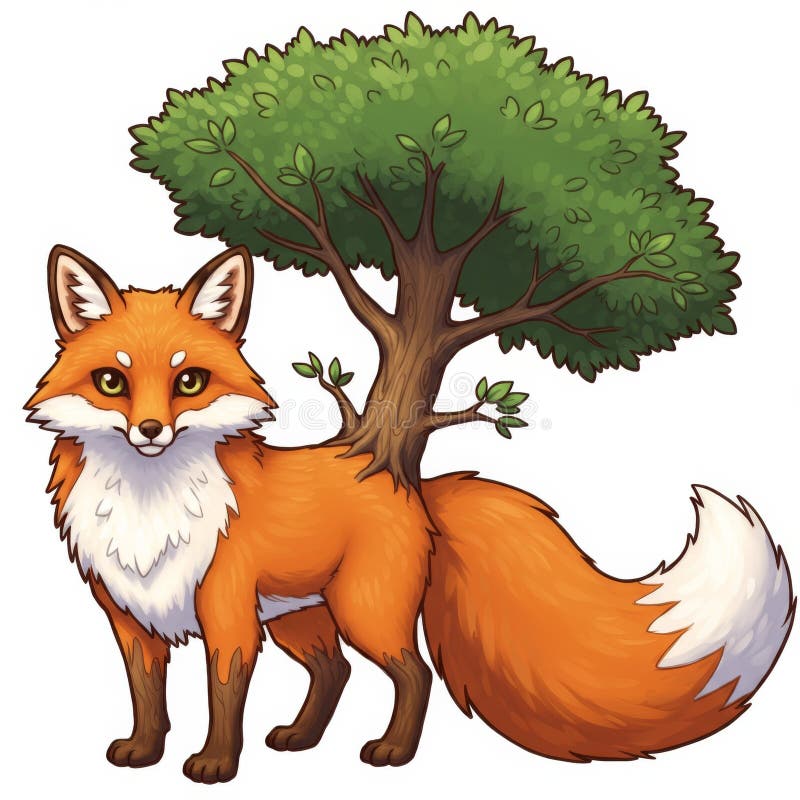 Orange Fox with Lush Green Tree Illustration Stock Illustration ...