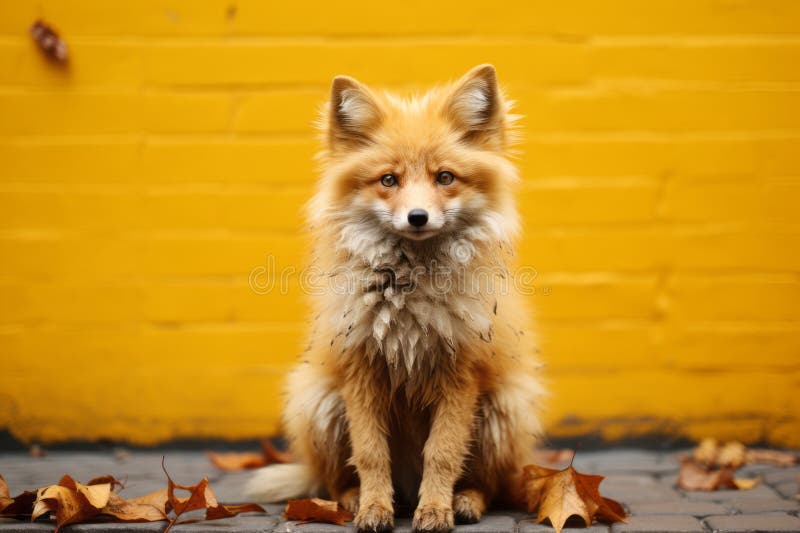 An Orange Fox Sitting on the Ground in Front of a Yellow Wall Stock ...