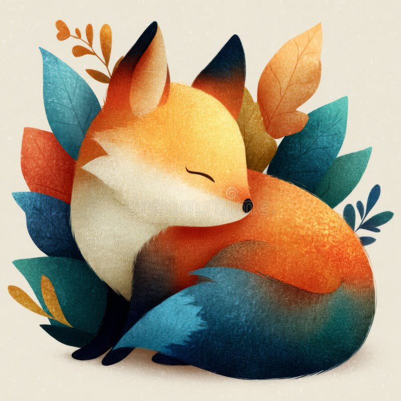 Orange Fox Sleeping Amidst Autumn Leaves Illustration Stock ...