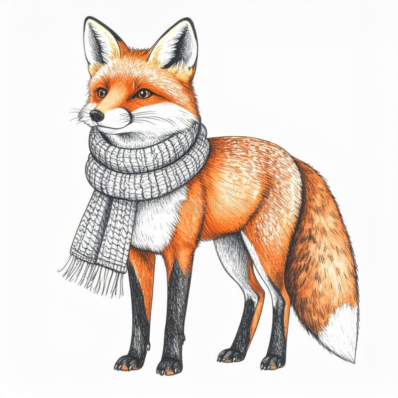 Orange Fox Wearing Grey Knit Scarf Illustration Stock Illustration ...