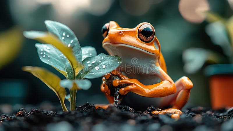 Orange Frog Tending To Young Plants in Rich Soil Stock Illustration ...