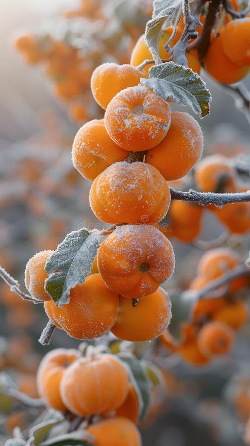 Orange Fruit Covered in Frost Hanging from Twig on Tree Stock Image ...