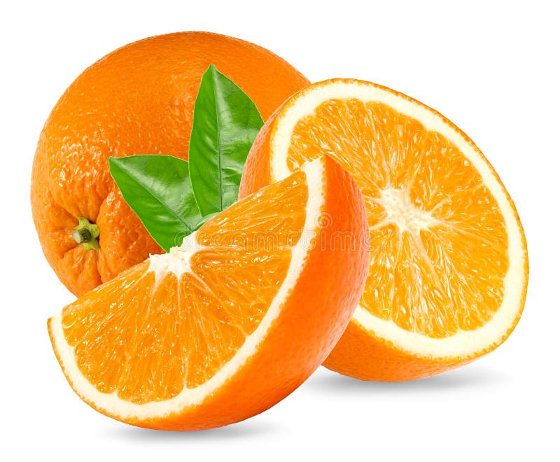 Orange Fruit with Cut of Orange and Green Leaves Isolated on White ...