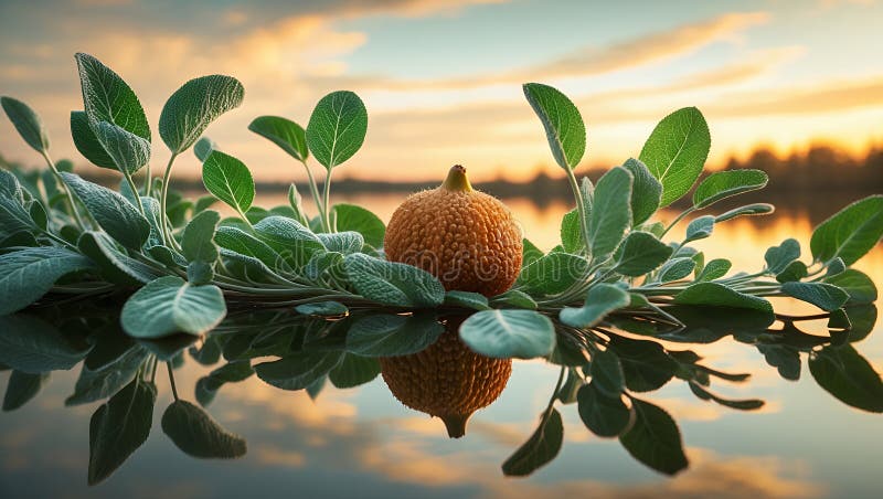 Golden Calabash on Sage Leaves at Sunset Reflection Stock Illustration ...