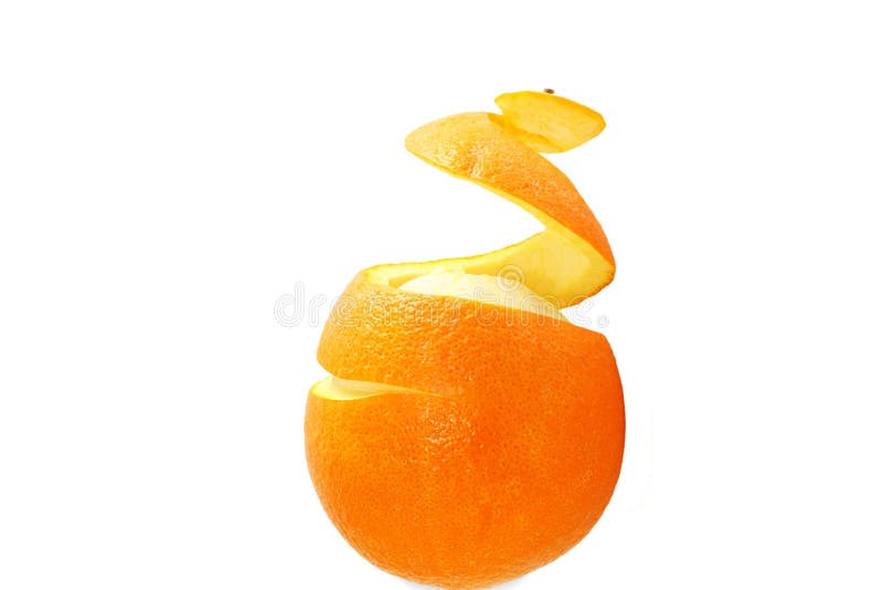 Orange Fruit Half Peeled Spiral Skin Isolated on White Background Stock ...