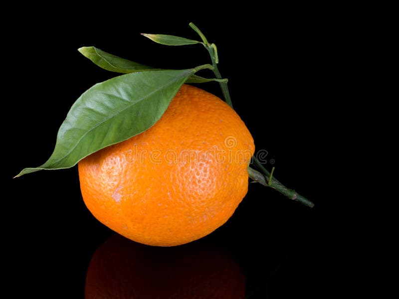 Orange Fruit with Leaves on Black with Reflection. Stock Photo - Image ...