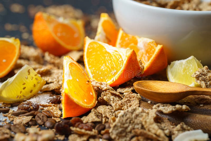 Orange Fruit Muesli Oat Flakes Menu Background Stock Image - Image of ...